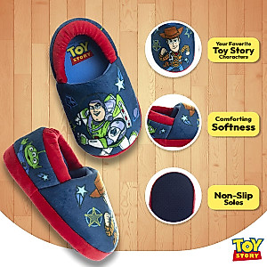 Disney Toy Story Slippers - Buzz Lightyear and Sheriff Woody Fuzzy PJ House Shoes - Boys Pajama Indoor Warm Slipper - Navy Blue/Red (size 5-6 Toddler)