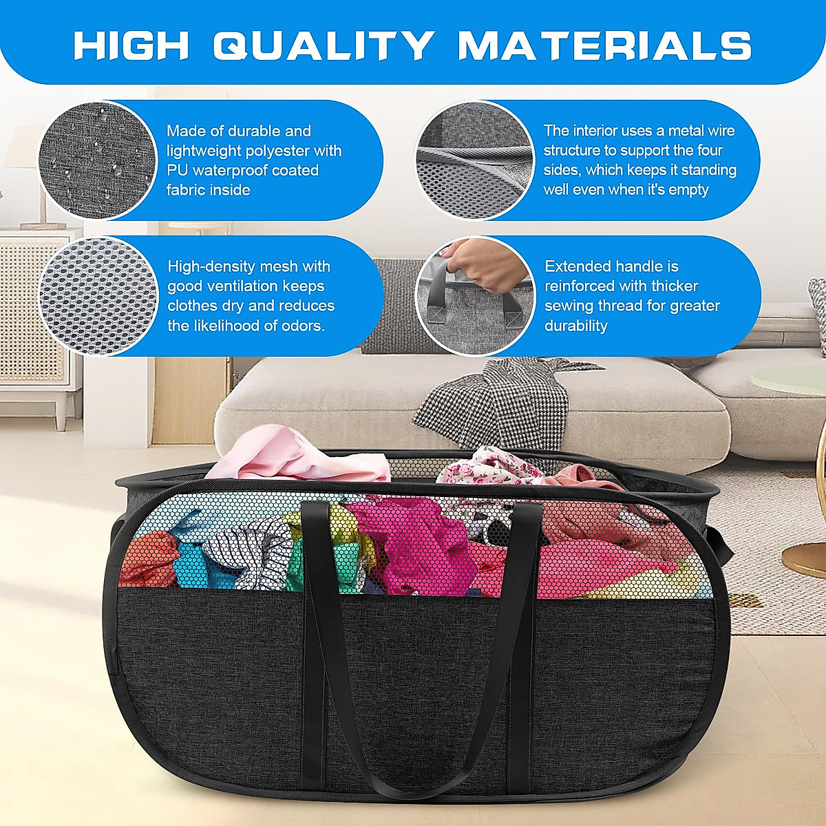 2 Pack Pop Up Laundry Hamper 65L Large Collapsible Laundry Baskets Laundry Basket with Durable Handles Mesh Laundry Hamper for Clothes Toys Perfect for Bathroom Dorm Travel Kids Room Grey+Black