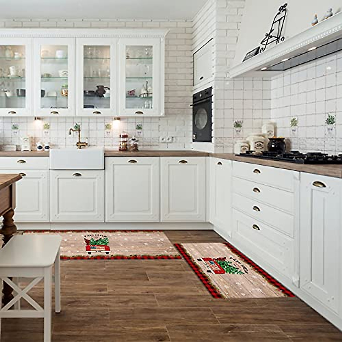 Kitchen Mat Rug Set of 2 Christmas Red Truck Xmas Tree Wood Grain Black Plaid Runner Rug Anti-Fatigue Comfort Memory Foam Standing Mat Non-Slip Floor Door Mat for Bathroom Bedroom 20x32in+20x63in