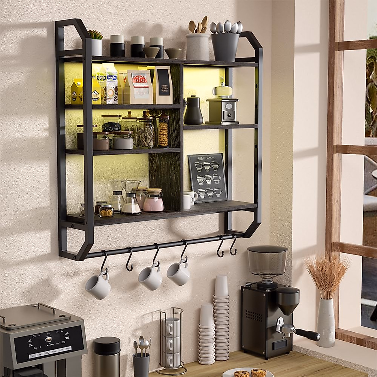 Nidouillet Gaming Floating Shelves, Large LED Wall Mounted Display Shelf, Adjustable Hanging Pipe Shelf Bookshelf with Lights 6 Hooks for Game Living Room Bedroom Coffee Bar Kitchen Decor Black