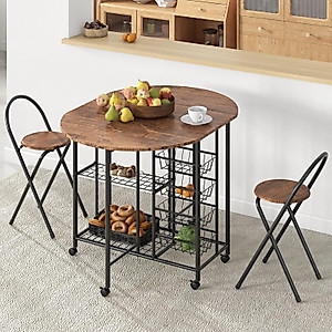 Giantex 3PCS Counter Height Table Set, Drop Leaf Dining Table & 2 Foldable Stools, Folding Table with Storage & 6 Wheels, Industrial Space Saving Bar Set for Kitchen Dining Room