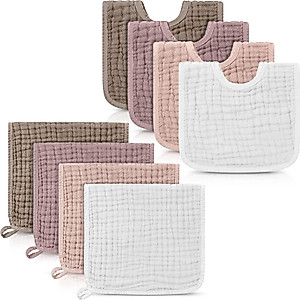 Tallew 8 Pack Baby Burp Cloth Muslin Sets Unisex Bibs Muslin Burp Cloth Cotton Burp Rags Absorbent Soft Burping Cloth (Elegant Color)
