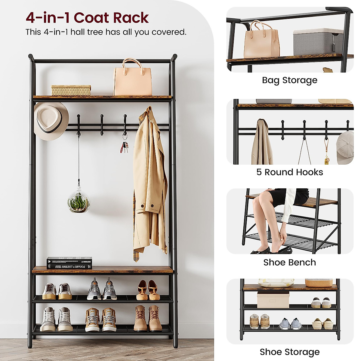 Coat Rack Shoe Bench with 5 Hooks, Entryway Hall Trees with Storage, Multifunctional Hallway Organizer, Wood Look Accent Furniture with Metal Frame, 4-in-1 Hall Trees Shoe Bench (5 Hooks-31.5 In)