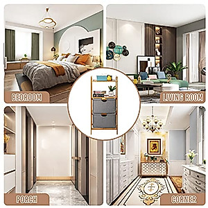 BIGTREE 4 Tiered Fabric Dresser Storage Tower with 2 Linen-Like Design Drawer, Made of Natural Bamboo and Imitation Linen Organizer Unit for Living Rooms, bedrooms, hallways, entrances, Closets, etc