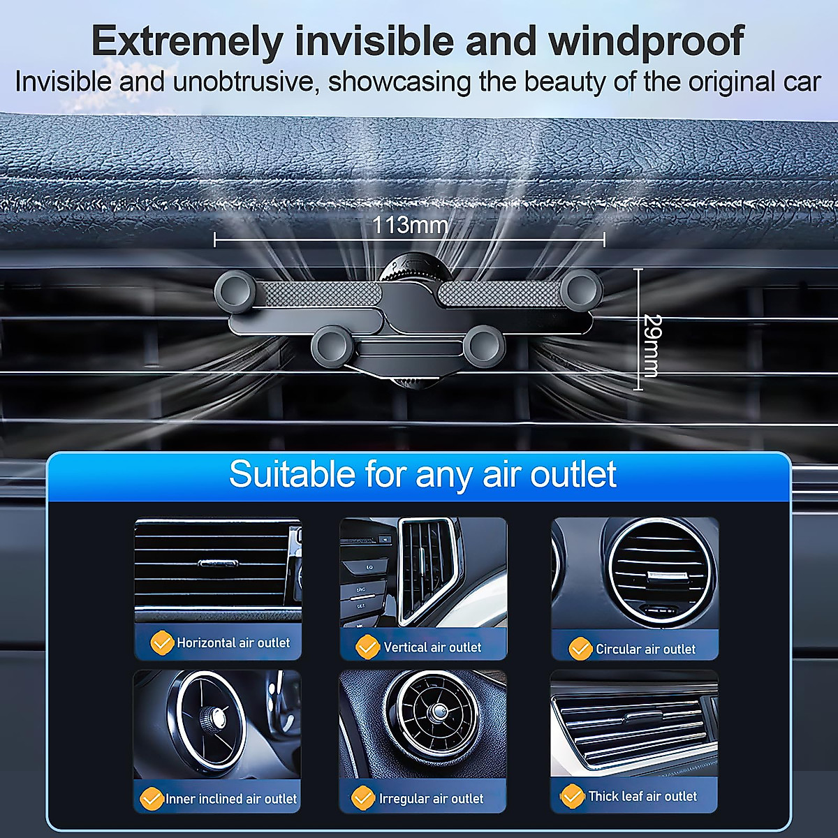 Phone Holder Car Invisible, Invisible Rotatable Air Vent Mount Car Phone Holder 360° Anti-Shake Universal Phone Mount, Adjustable Cell Phone Holder for Car Dashboard & Air Vent (Black,Knob Version)