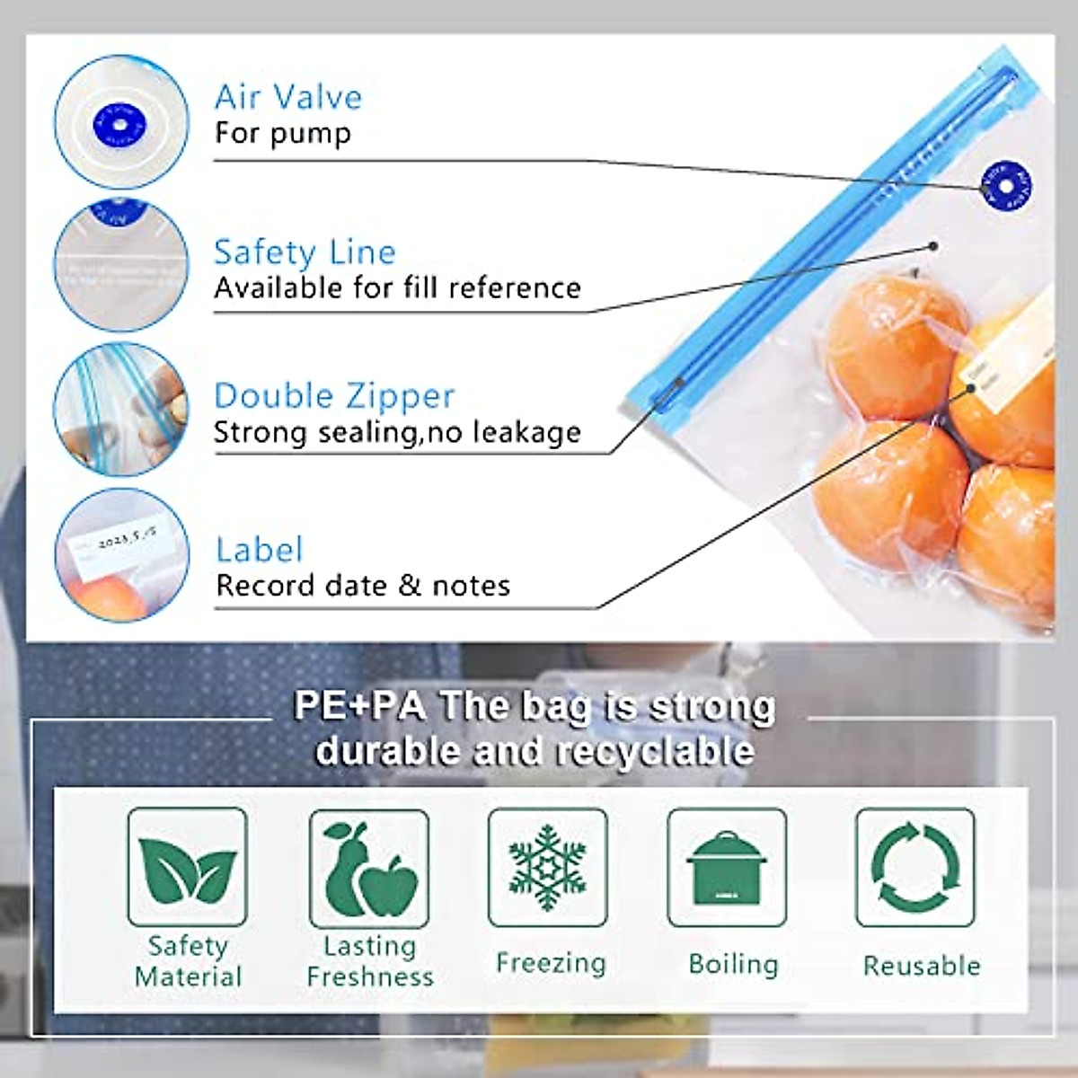 MOMODA Sous Vide Cooking Bags - Set of 40 | BPA-Free Reusable Vacuum Seal Bags with Air Valve for Joule and Anova Cookers | Freezer Safe Vacuum Food Storage Bags with Upgraded Hand Pump Included