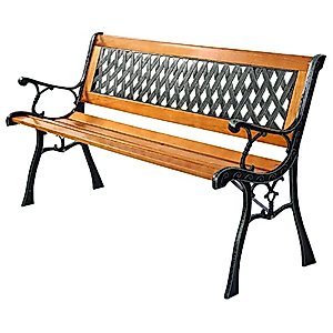 Tangkula Outdoor Garden Bench Park Bench, Patio Bench Chair with Cast Iron & Hardwood Structure, Weather Proof Porch Outdoor Furniture Loveseat, Perfect for Backyard, Deck, Lawn, Poolside