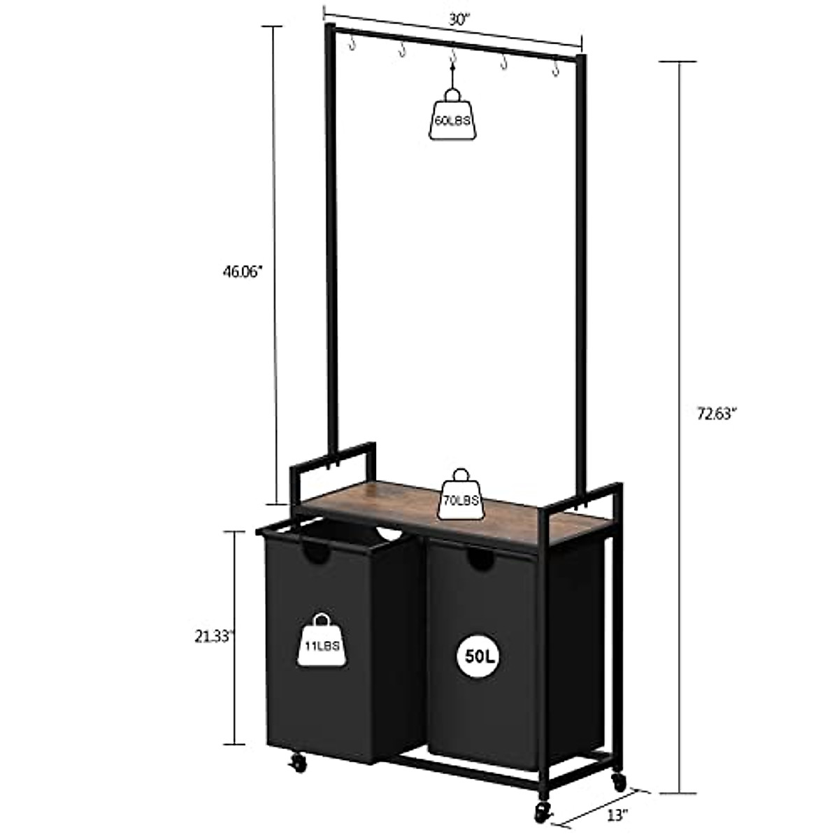 Simoretus Laundry Basket Sorter with Clothes Hanging Bar,Wooden Shelf,2 Sliding Bags, Hamper Garment Rack with Rolling Wheels for Laundry Room Bathroom Bedroom