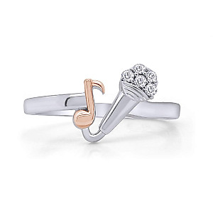Round White Natural Diamond Accent Mic & Music Note Two Tone Ring 14k White Gold Over Sterling Silver