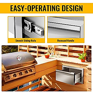KODOM Outdoor Kitchen Drawers Stainless Steel Flush Mount BBQ Single Drawers for Outdoor Kitchen Island, or Patio Grill Station (Overall Size:14" W x 8.5" H x 23" D inch)