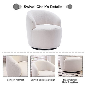 CALABASH Swivel Chairs, Barrel Chair for Living Room, Small Accent Round 360° Club Modern Teddy Upholstered Arm Chairs Bedroom, Office, Hotel(White)