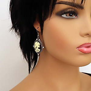 Gothic Lolita Skull Cameo Ivory on Black Dangle Earrings with Austrian Crystals
