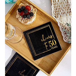 Cheers to 50 Years Cocktail Napkins - 50PK - 3-Ply 50th Birthday Napkins 5x5 Inches Disposable Party Napkins Paper Beverage Napkins for 50th Birthday Decorations Wedding Anniversary Black and Gold