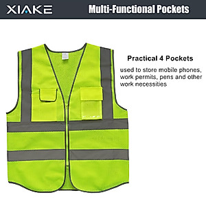 XIAKE 4 Pockets High Visibility Reflective Safety Vest Mesh Lite Zipper Front, Meets ANSI/ISEA Standards(Large,Yellow)