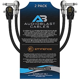 2 Units - 1.5 Foot - Audioblast HQ-1-BRAID(Black)-Flexible-Dual Shielded(100%)-Instrument Effects Pedal Patch Cable w/ ¼ inch(6.35mm) Low-Profile, R/A Pancake Type TS Connectors & Dual Staggered Boots