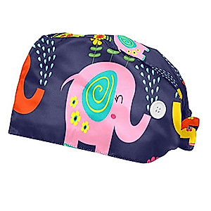 2 PCS Working Cap with Buttons and Sweatband Unisex Adjustable Tie Back Hats Bouffant Caps Cute Cartoon Boho Elephant Water Spray Sunflower Scrub Hat Turban Cap