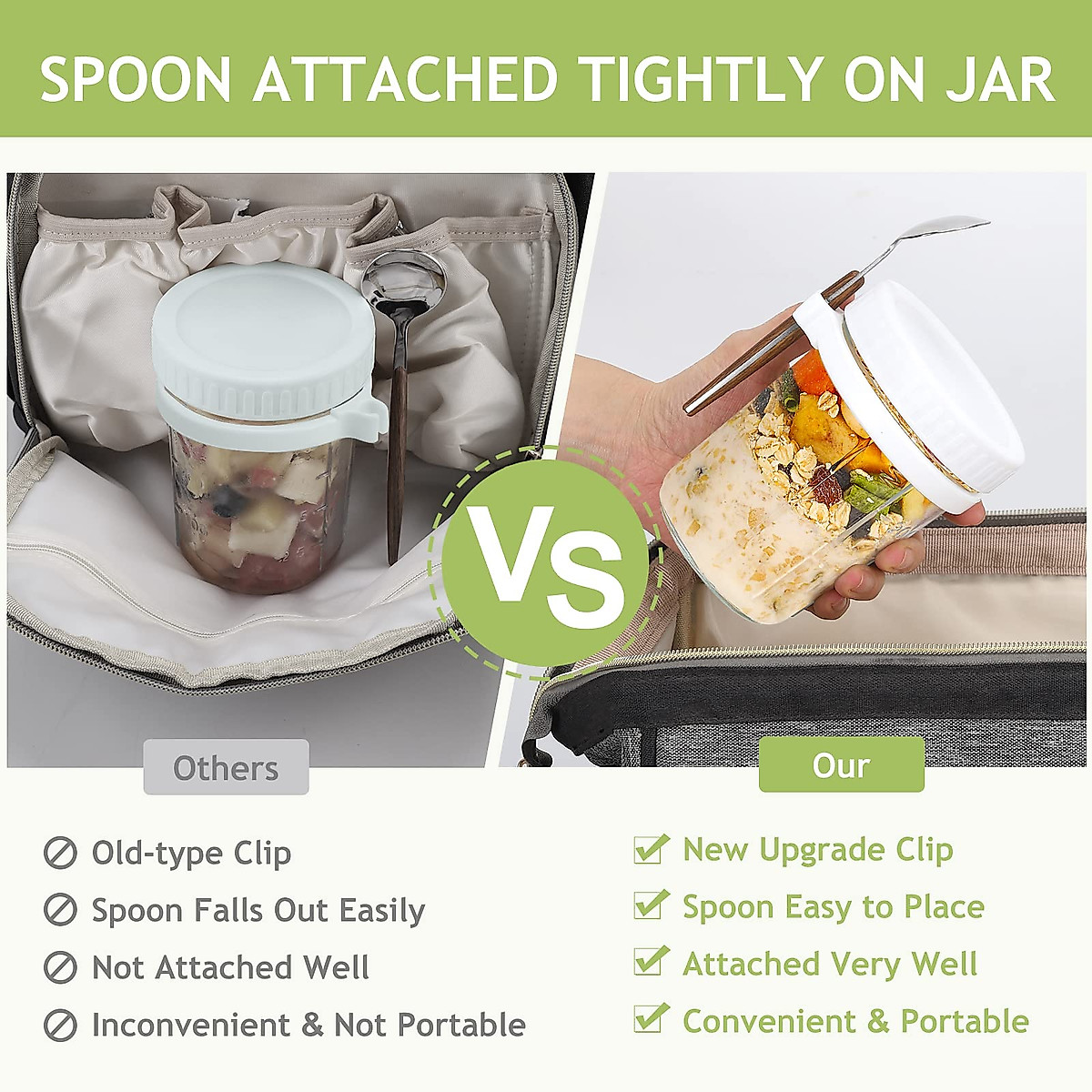 Xigugo Overnight Oats Jars, Overnight Oats Container with Lid and Spoon, 10 oz Cereal, Milk, Vegetable and fruit Salad Storage Container with Measurement Marks (white2)