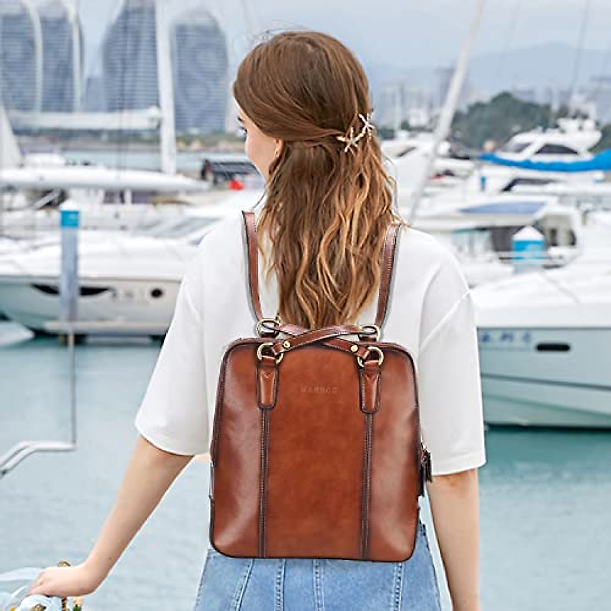 Ronts Banuce Fashion Vintage Leather Convertible Backpack Purse for Women Small Shoulder Bag for 9.7 Inch iPad School Daypack Brown
