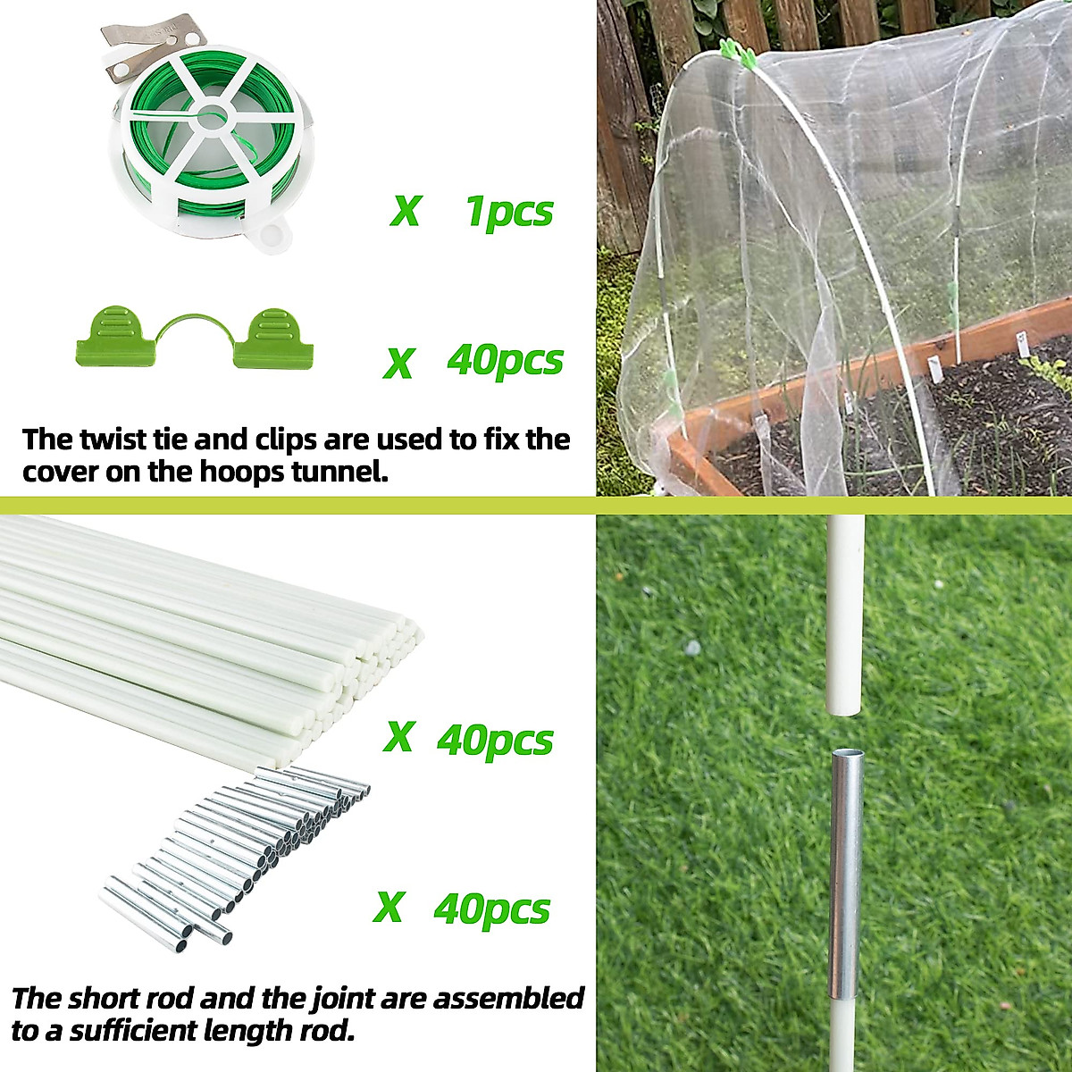 Greenhouse Hoops, CJGQ Garden Hoops for Raised Beds, Garden Grow Tunnel Up to 8 Set of 7Ft Long Rust-Free Garden Hoop for Row Cover Plant Cover, 40Pcs Plant Support Growing Frame for Netting