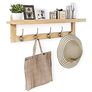 SMIBUY Coat Hooks with Shelf Wall-Mounted, 29.2 Inch Entryway Coat Rack for Wall, Bamboo Hanging Shelf with 5 Double Metal Hooks for Bathroom, Bedroom, Kitchen, Living Room, Mudroom (Natural)
