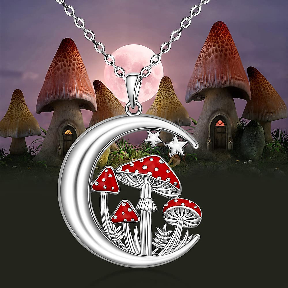 Fenthring Sterling Silver Mushroom Necklace Magical Red Mushroom Pendant Moon and Star Moon Necklaces for Women Mushrooms Gifts