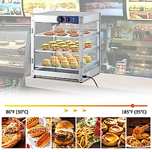 Commercial Food Warming Display Cabinet, 20" 3 Tier, 800 Watt Hot Dog Warmer with 3D Heating, Bottom Fan, Countertop Pastry Warmer, Temperature Knob/Indicator, Stainless Steel Framed Glass Door