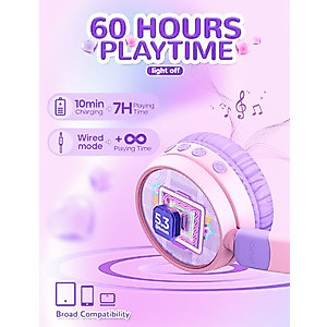 iClever Kids Bluetooth Headphones, Light Up Cat Ear, Safe Volume 74/85dBA,60H Playtime,Bluetooth 5.3,USB C Charging,Wireless Kids Headphones AUX Cord for iPad Tablets School Travel,Meow Cookies-Purple