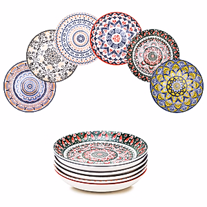 Kitchenexus Ceramic Pasta Bowls Set of 6 30oz Large Salad Bowl Wide and Shallow Porcelain Salad Pasta Dishes Colorful Patterns Serving Plates and Bowls for Pasta, Salad, Cereal, Soup