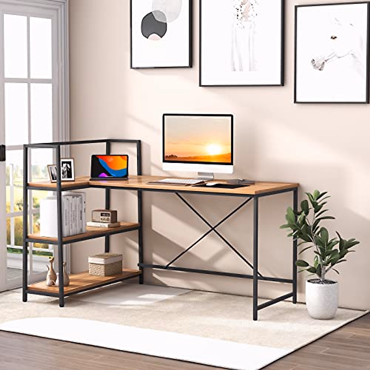 Tangkula Reversible L-Shaped Computer Desk, Space Saving Corner Desk with 3-Tier Storage Shelves & Metal Frame, Modern Executive Home Office Desk, PC Laptop Desk Workstation for Small Space (Walnut)