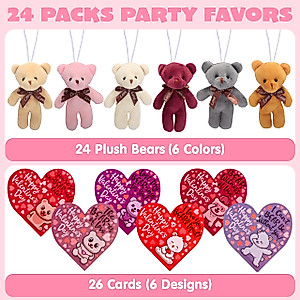 JOYIN 24 Packs Valentine's Day Heart Cards with Plush Toy Party Favors, Mini Stuffed Animal Plush Toys for Valentines Day Gifts, Kids Classroom School Exchange Prize (brown bear)