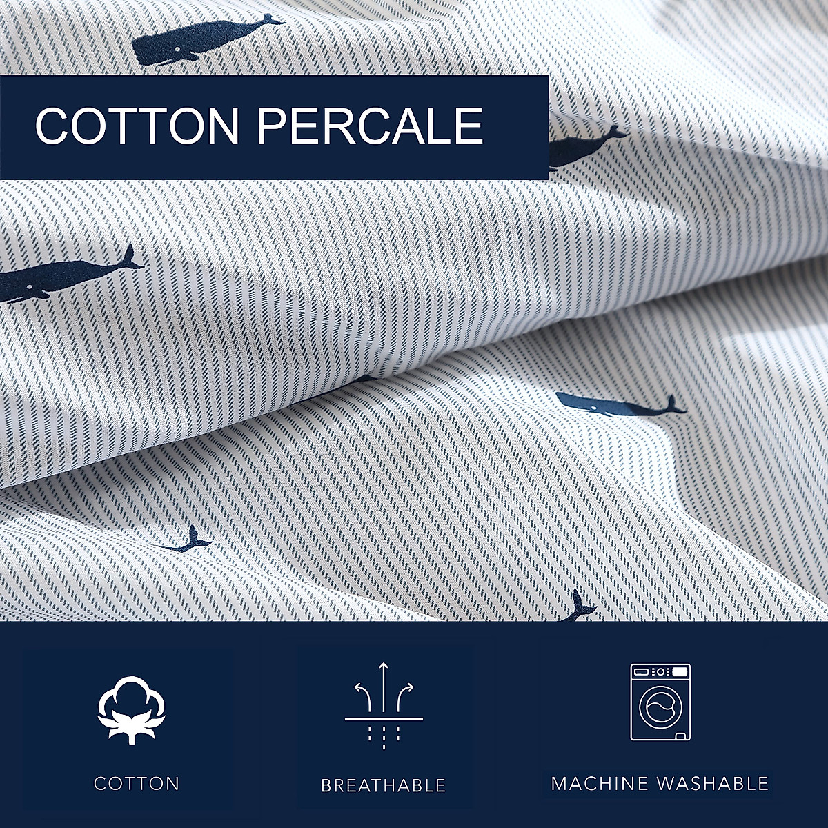 Nautica - Full Size Sheet Sets, Cotton Percale Bedding, Crisp & Cool, Coastal Bedding Set (Whale Stripe Blue, Full)