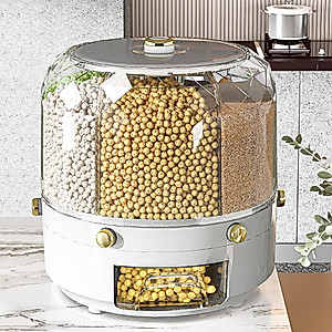 Rice and Grain Storage Container, 6KG Capacity 6 Grid Rice Dispenser, 360° Rotatable Food Storage Container, One Click Button Dry Food Storage Box Rice Bucket for Cereal, Grain, Beans(White)