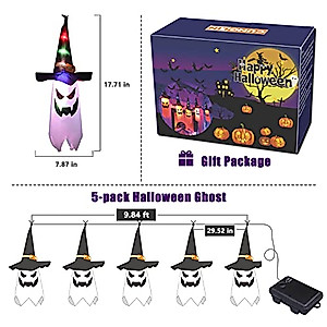 CUNGLIN Outdoor Halloween Decorations Hanging Ghost with Witch Hats, 5 Pack Lighted Ghosts Halloween Decor Indoor, Led Colorful String Lights Waterproof Battery for Home Porch Yard Garden Outside