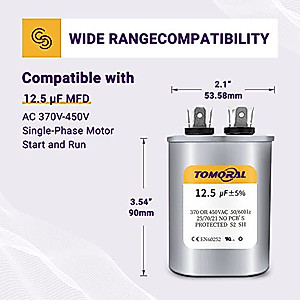 12.5 MFD Capacitor for AC,12.5uF ±5% 370VAC/440 Volt CBB65 Oval Run Start Capacitor for Air Conditioner Condenser Straight Cool or AC Motor and Fan Starting or Heat Pump Air Conditioner