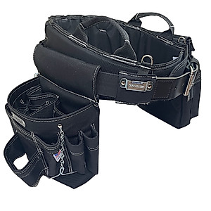 BOULDER BAG Ultimate Electrician's MAX Combo with Comfort Back Support Tool Belt, Leather Belt Buckle, Heavy Duty Tool Belt, Black with White Stitching, (Large 36-40 Inch Waist), Tool Belt Made in USA