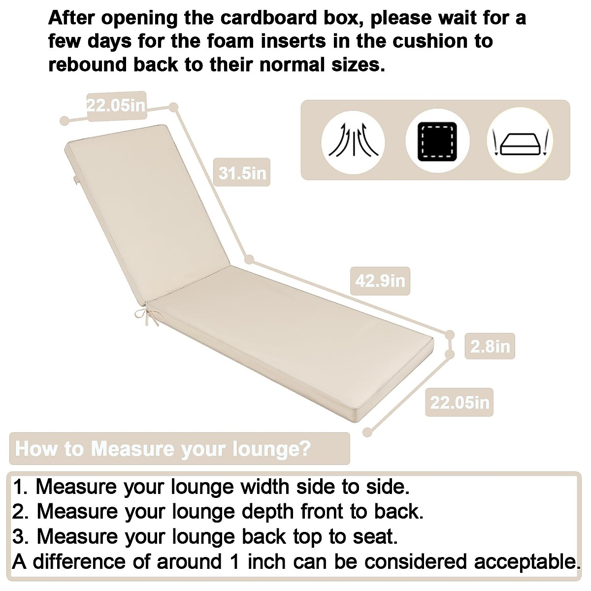 PERFECT GARDEN Chaise Lounge Cushion: Weather Resistant & Fade Resistant for Outdoor Patio Furniture, Ideal for Lawn & Pool, 74.5" W x 22" D (Beige, 1-Pcs Set)