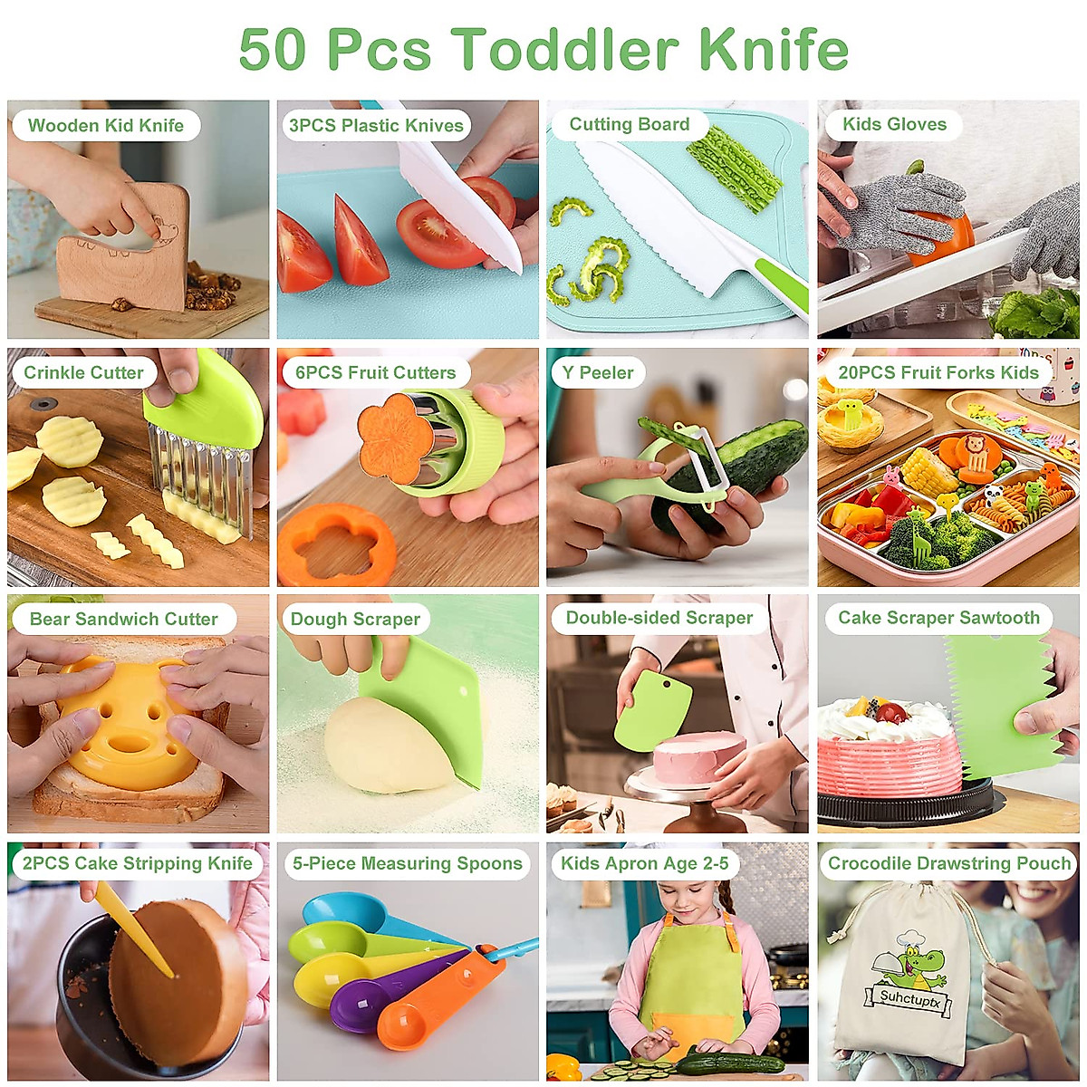 50PCS Kids Knife Set for Real Cooking, Kids Kitchen Knives with Toddler Cutting Board Apron Gloves Peeler Crinkle Cutters Kid Proof Kitchen Tools, Little Chef Knifes Gifts for 2 - 8 Years Old