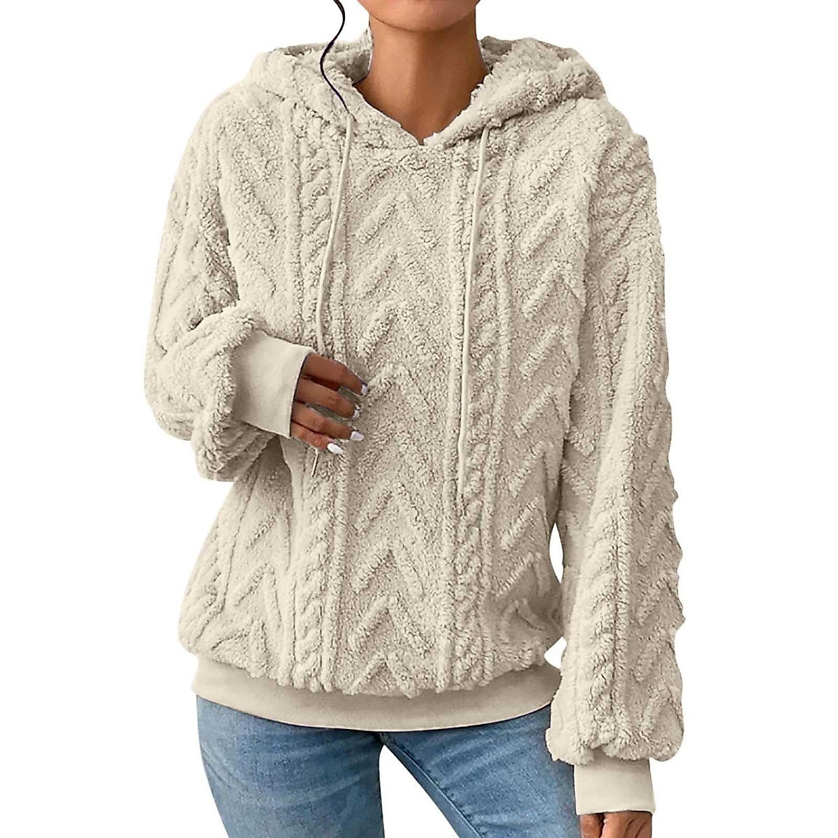 Black of Friday Deals 2023, Oversized Sweatshirts for Women Loose Fit Cable Knit Chunky Sweater Long Sleeve Thermal Plush Fleece Pullover Sweatshirts Lightweight Hoodie Winter Clothes L-Beige L