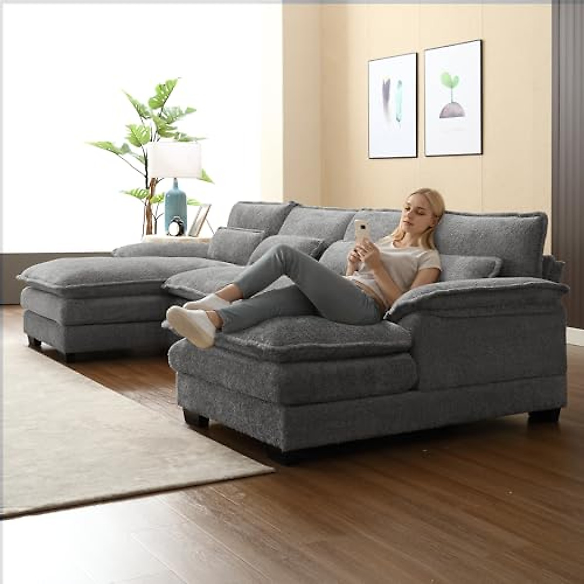 Eafurn Free Combination U Shaped Sectional Chaise Lounge,Velvet Upholstery Symmetrical Modular Solid Wood Legs,Convertible Sleeper Sofa & Couch Living Room Furniture Sets, Gray 110.63"