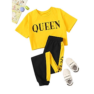 Floerns Girls 2 Piece Letter Graphic Short Sleeve Crop Top and Legging Set Yellow and Black 10Y