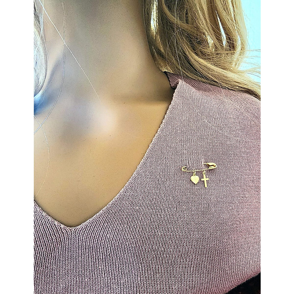 14k. Yellow Gold Baby Safety Pin with Two Charms/Cross & Heart Charms/Christening/Baptism/NOT Gold Filled NOT Gold Plated