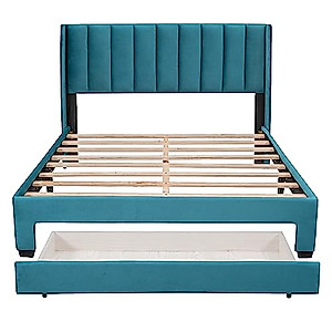 OTRIEK Queen Size Velvet Upholstered Platform Bed Frames with Large Storage Drawer, Mid-Century Modern Royal Platform Bed with Headboard, Sturdy Wood Slat Support for Bedroom Boys Girls (Blue)