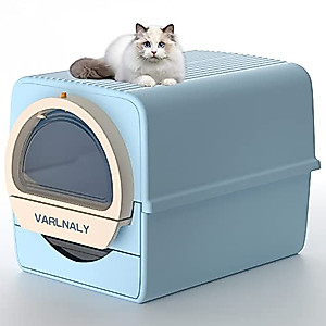 VARLNALY 3.0 Large Self-Cleaning Cat Litter Box, Pull-Out Non-Electric Automatic Cat Litter Box with Lid(24PCS Trash Box), One-Piece Base Prevents Urine＆Litter Leakage, Enclosed Isolates Odor (Blue)