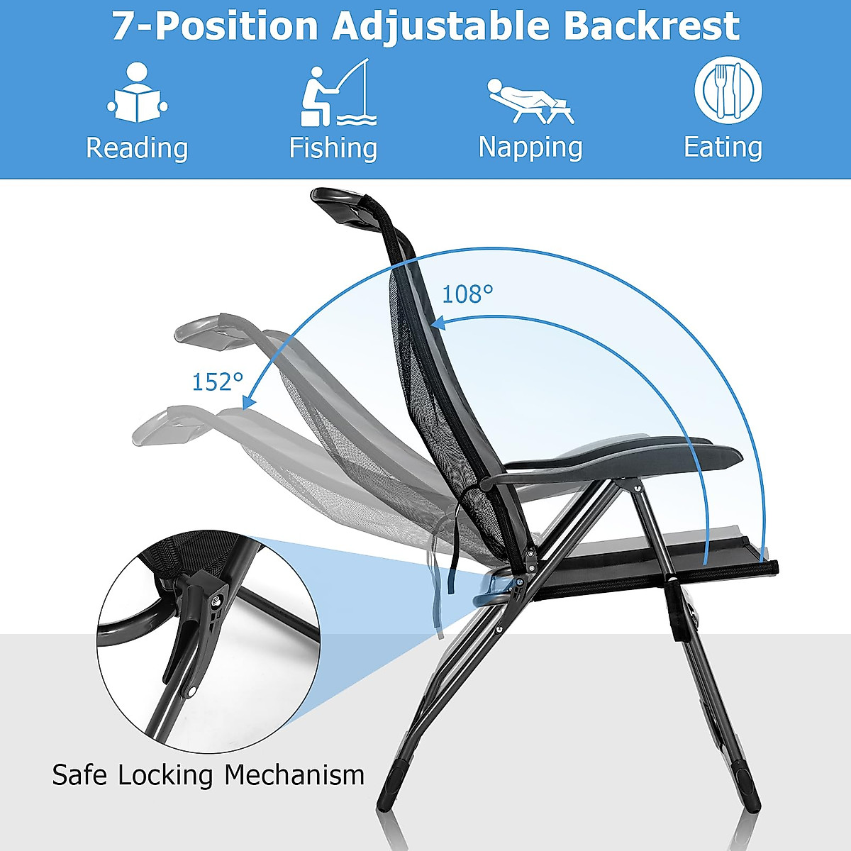 Tangkula Folding Patio Chairs, Set of 2 Outdoor Dining Chairs & Ottomans, Lawn Chairs with 7-Level Adjustable Backrest, Armrests, Mesh Pocket, Portable Lounge Chairs & Footrests for Backyard, Camping