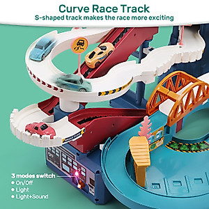 CUTE STONE Race Track Playset with 4 Mini Cars, 4 Dino Pull Back Cars, Dinosaur Figures, Educational Toy Vehicle Playset for 3-5 Year Old Kids