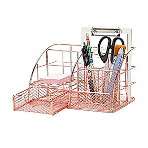 ARTISHION Desk Organizer, Office Supplies Desktop Holder, Metal Mesh Stationary Organizer Rose Gold with Drawer, Pen Pencil Holder for Office, Home, School
