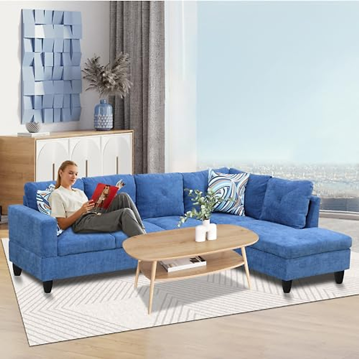 LostCat 97" W Sectional Sofa with Chaise, Linen Modular Sectional Sofa, Modular Couch, L Shaped Sofas & Couches Sectional Couches for Living Room Furniture Sets, Blue
