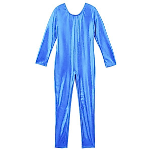 easyforever Kids Girls One Piece Long Sleeves Full Body Footless Gymnastics Ballet Dance Leotard Jumpsuit Royal Blue Shiny Metallic 4 Years