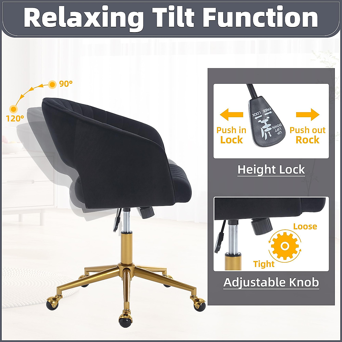 ABET Desk Chair with Wheels, Velvet Home Office Chair, Swivel Armchair Gold Base, Upholstered Modern Accent Chairs, Back Incline Adjustable for Living Room Bedroom Vanity, Black