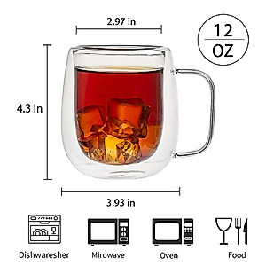 Mugs 12 oz Glass Espresso Cup with Lids Spoon - Double Wall Insulated Clear Coffee Mugs With Handle & Suspended Base Design - Thick Expresso Coffee Cups For Americano, Lattes, Tea (Set of 2,Gift Box)